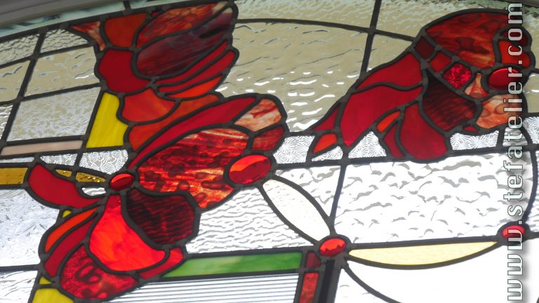 Imposte vitrail art déco fleurs rouges – Stef Atelier Vitraux d art